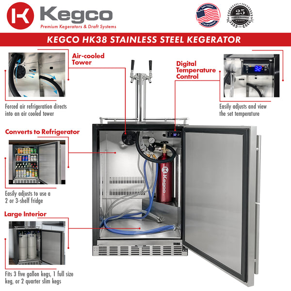 24" Wide Dual Tap Stainless Steel BuiltIn Kegerator with Kit - Kegco ...